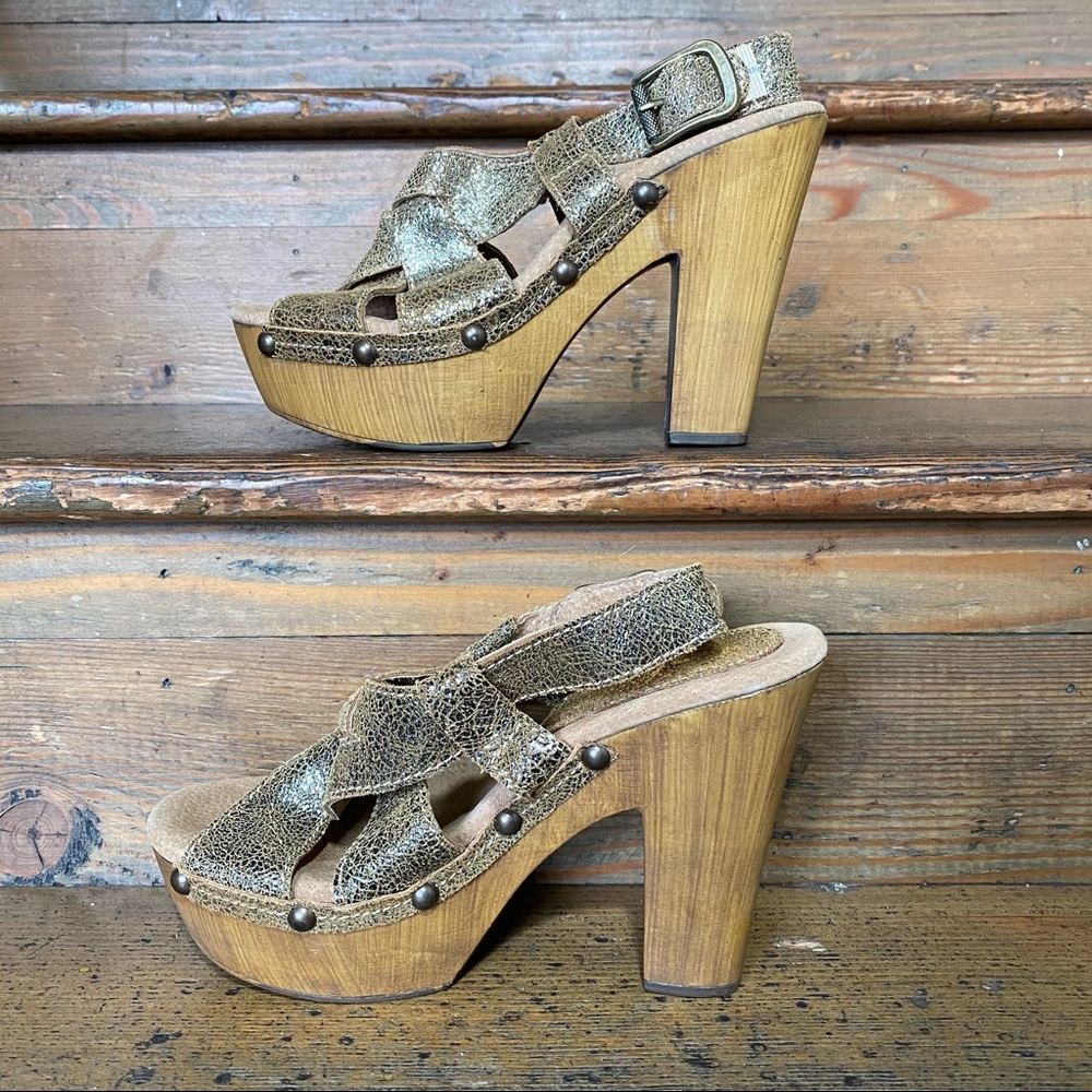 Sbicca Metallic Gold Wood Heeled Clogs - Gem